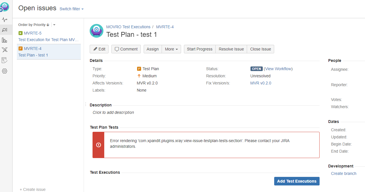 Xray 2845 Error After Creatingadding Test Execution To A Test Plan Xblend Issue Tracker