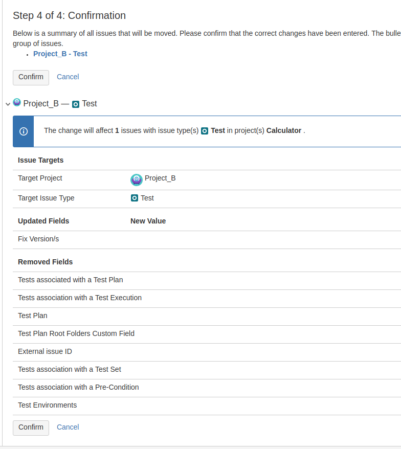 [xray 2880] Message Showing Removed Fields After Migrating Tests Between Two Projects Xblend