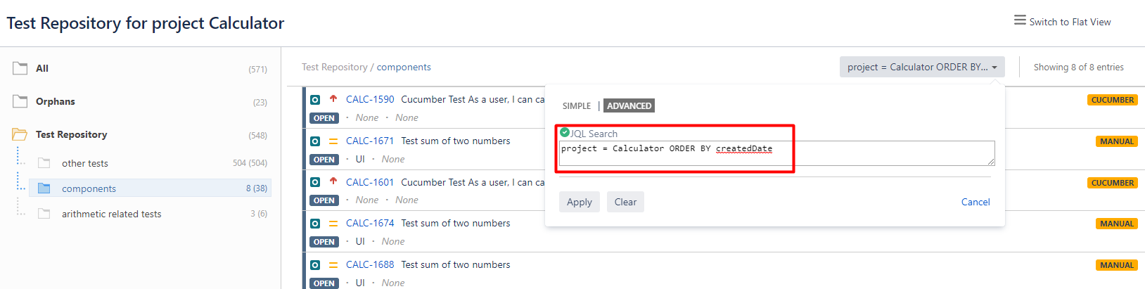 Xray 5110 As A User I Want To Be Able To Use Order By On The Filter Of The Test Repository